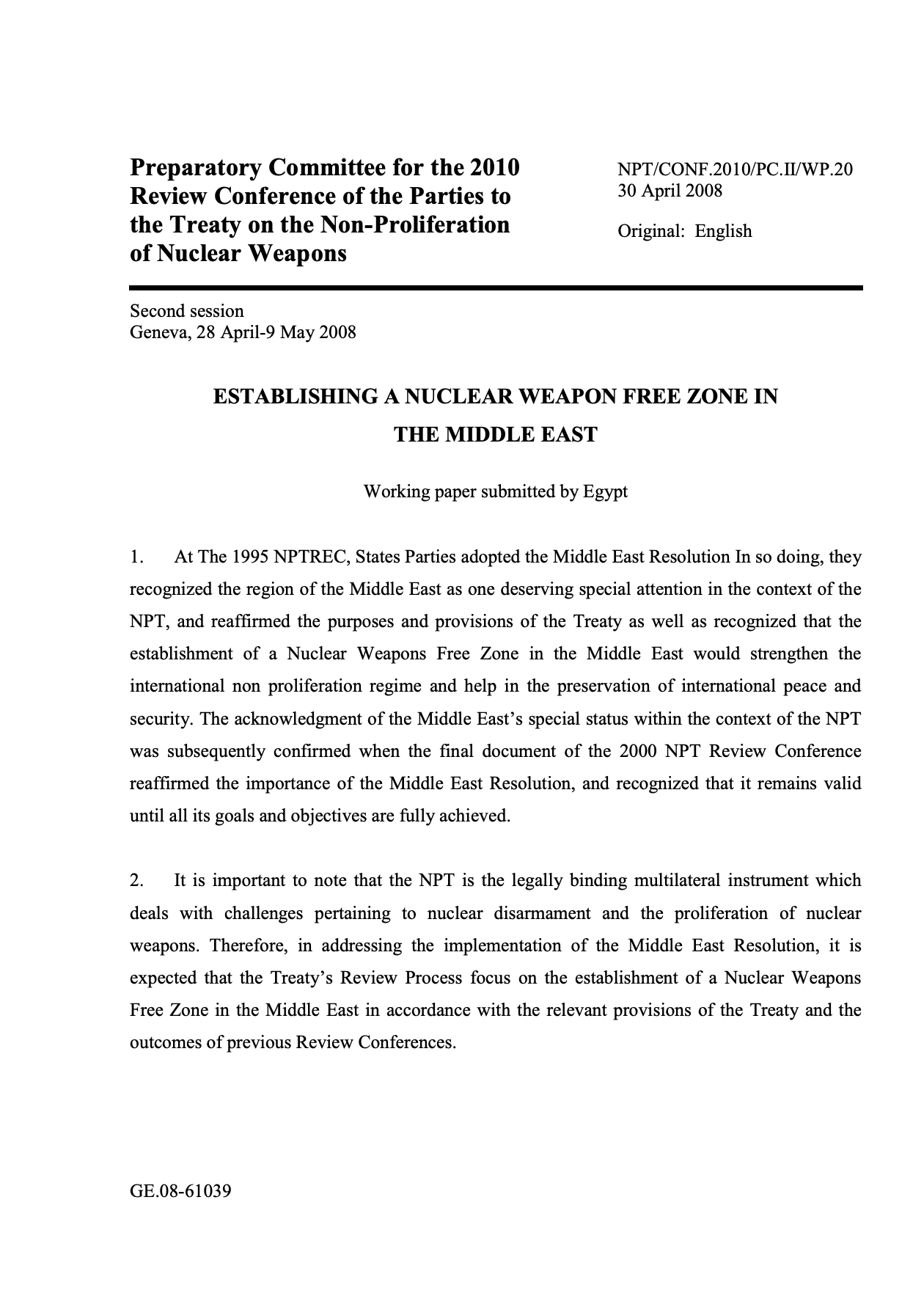2008 NPT PrepCom Arab Group working paper | UNIDIR