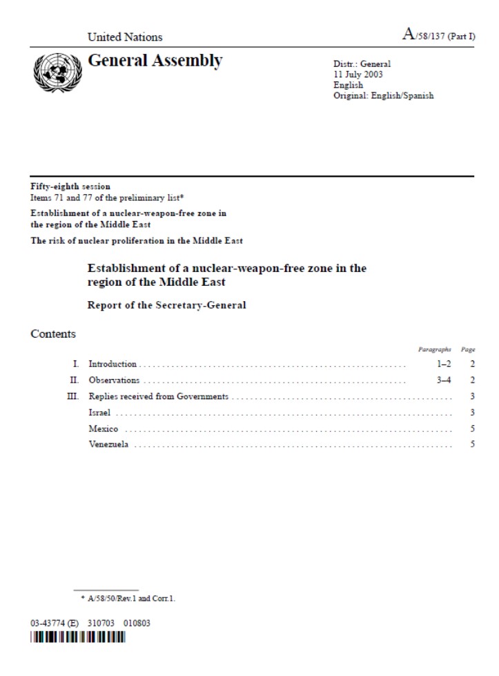 UN Secretary General's Report On "Establishment Of A Nuclear-Weapon ...
