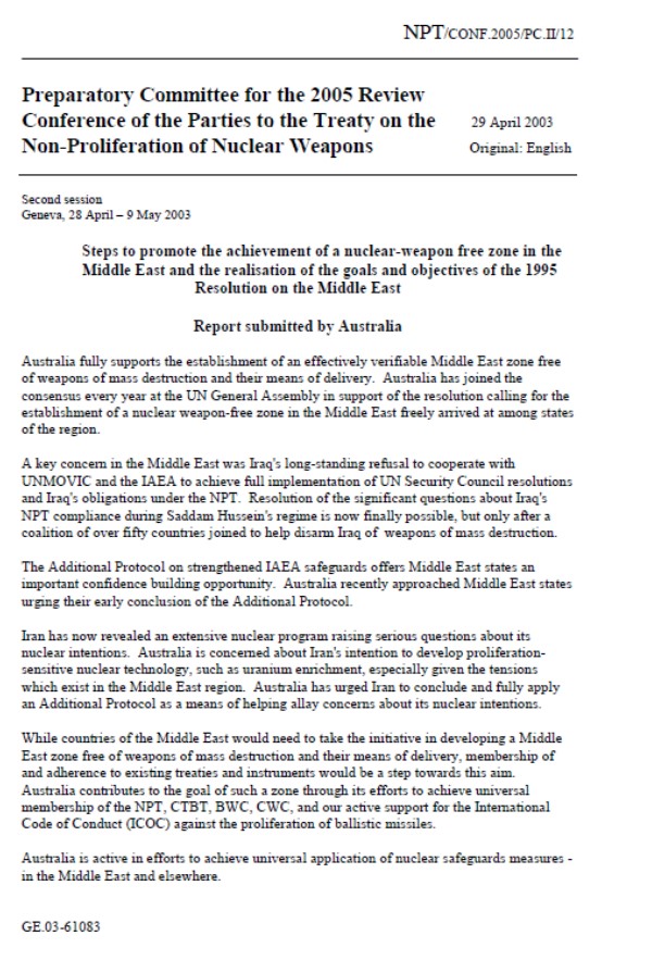 Report by Australia on creation of a Middle East Nuclear Weapon Free Zone | UNIDIR