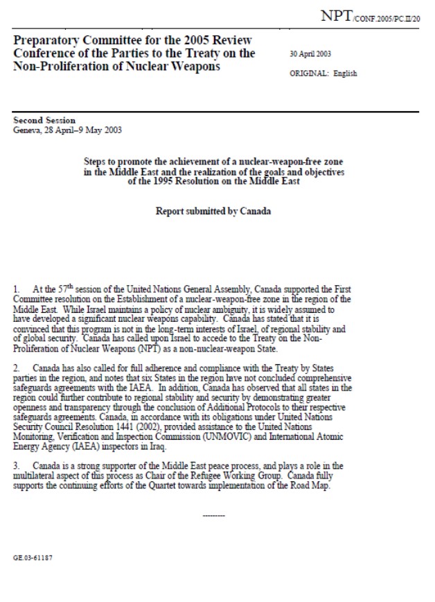 Report by Canada on creation of a NWFZ and implementation of the 1995 ...