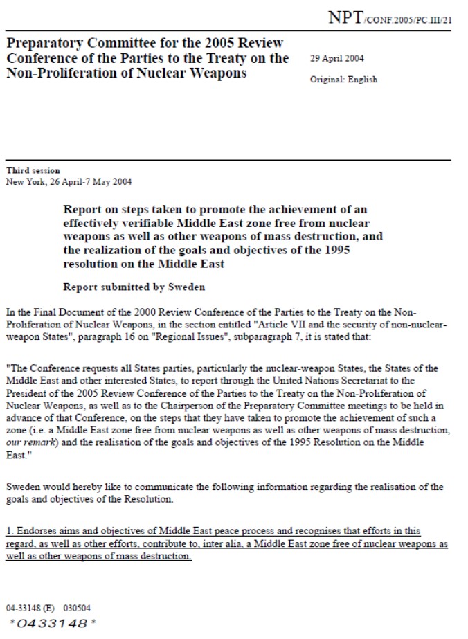 Report by Sweden on creation of a Middle East WMD Free Zone | UNIDIR