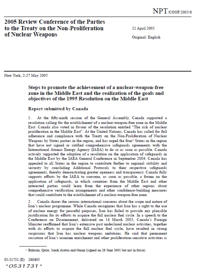 Report by Canada on steps to promote the establishment of a Middle East ...