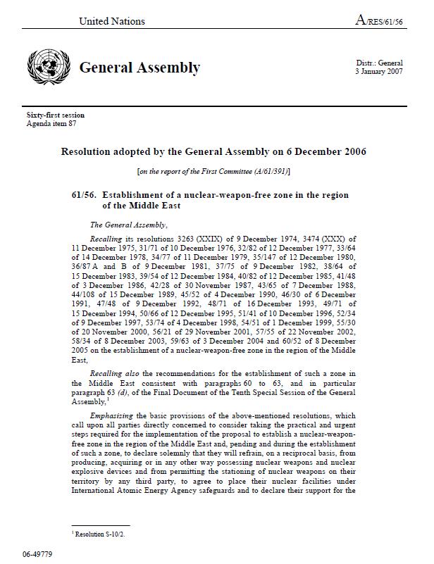 UN General Assembly Resolution 61/56 on the "Establishment of a nuclear ...