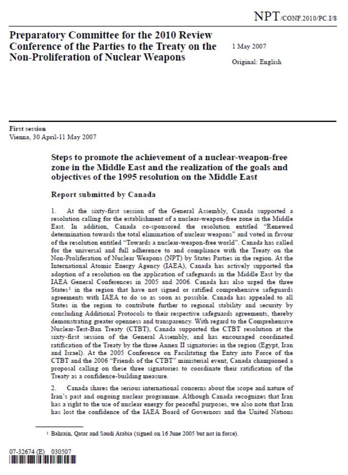 Report by Canada on steps to promote the establishment of a Middle East ...