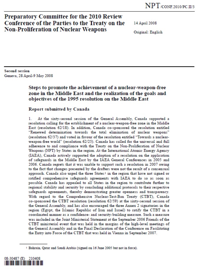 Report by Canada on steps to promote the establishment of a Middle East ...