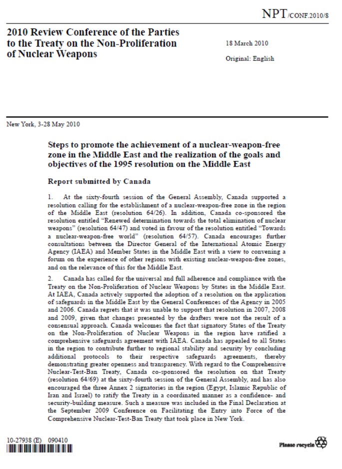 Report by Canada on steps to promote the establishment of a Middle East ...