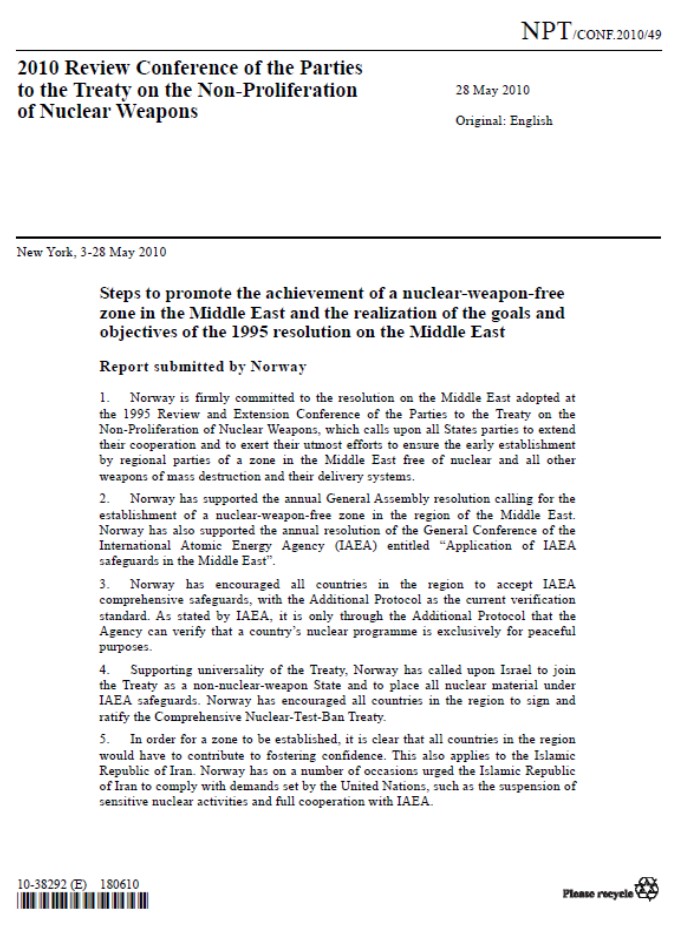 Report by Norway on implementation of the 1995 Resolution on the Middle ...