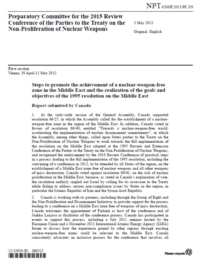 Report by Canada on steps to promote the establishment of a Middle East ...