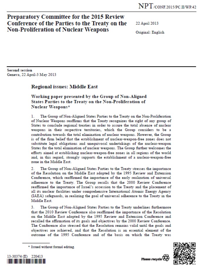 Working paper by NAM on the Middle East and NPT | UNIDIR