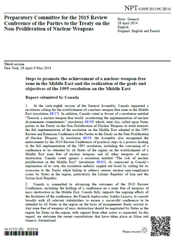 Report by Canada on steps to promote the establishment of a Middle East ...