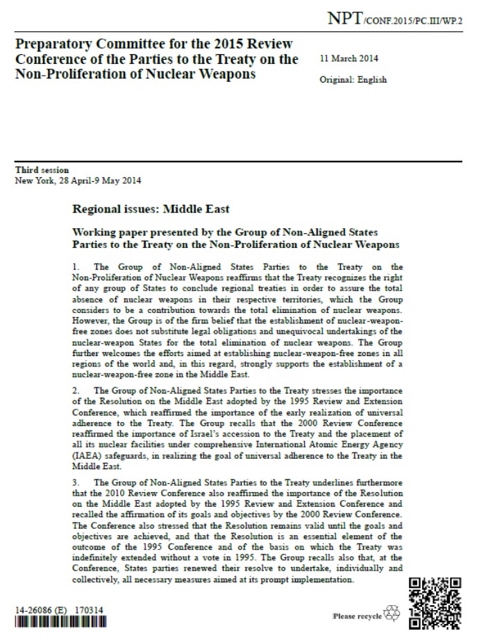 Working paper by NAM on the Middle East and NPT | UNIDIR