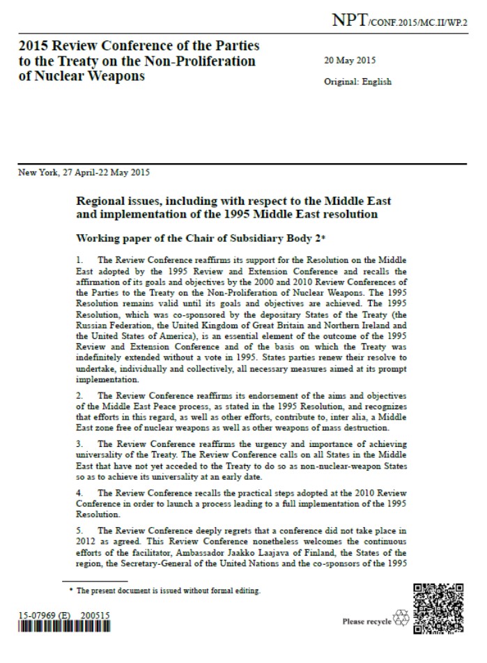 Working paper on the Middle East by the chair of NPT subsidiary body II | UNIDIR