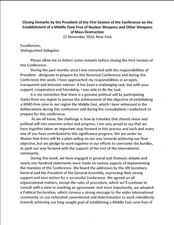 Closing Remarks by the President of the 1st Session of the Conference ...